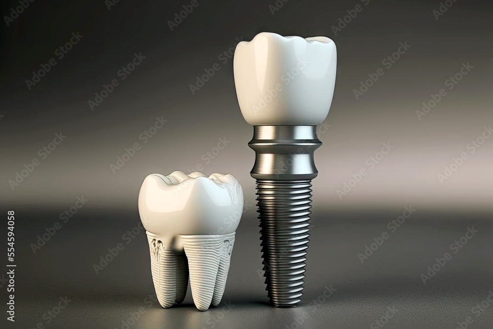 Tooth cast and sample for dental implantology with metal plate on grey ...