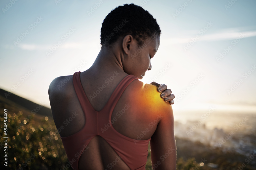 Fitness injury, black woman and exercise outdoor with shoulder pain ...