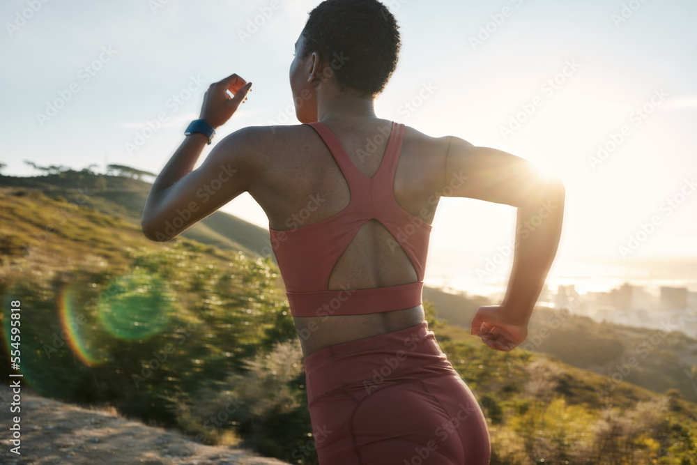 Fitness, running and energy with black woman in nature for sprinting ...