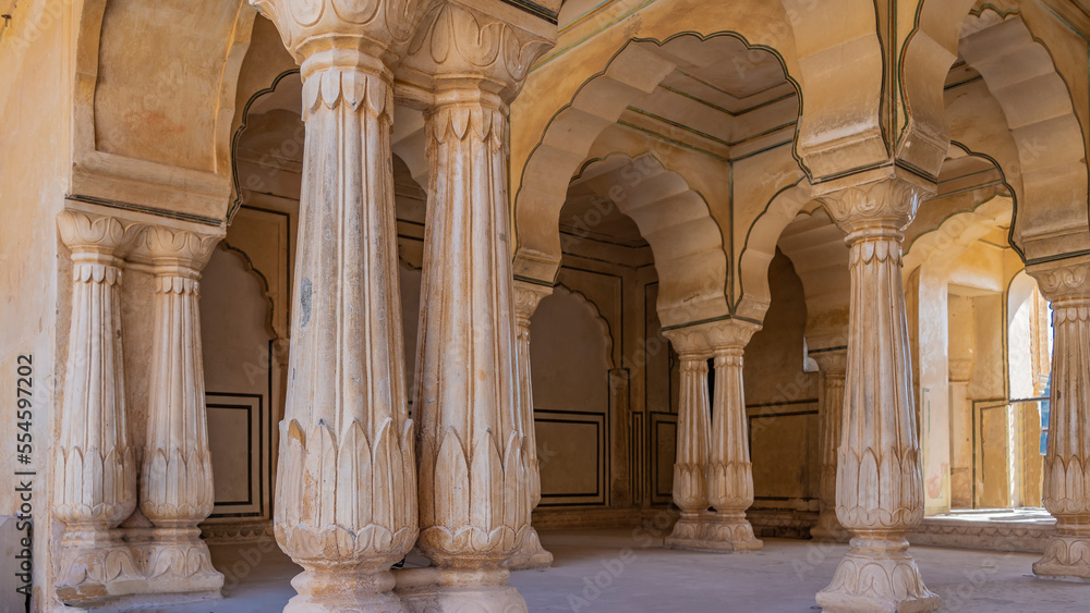 Architecture of the inner hall Amber Fort. High columns with elegant ...