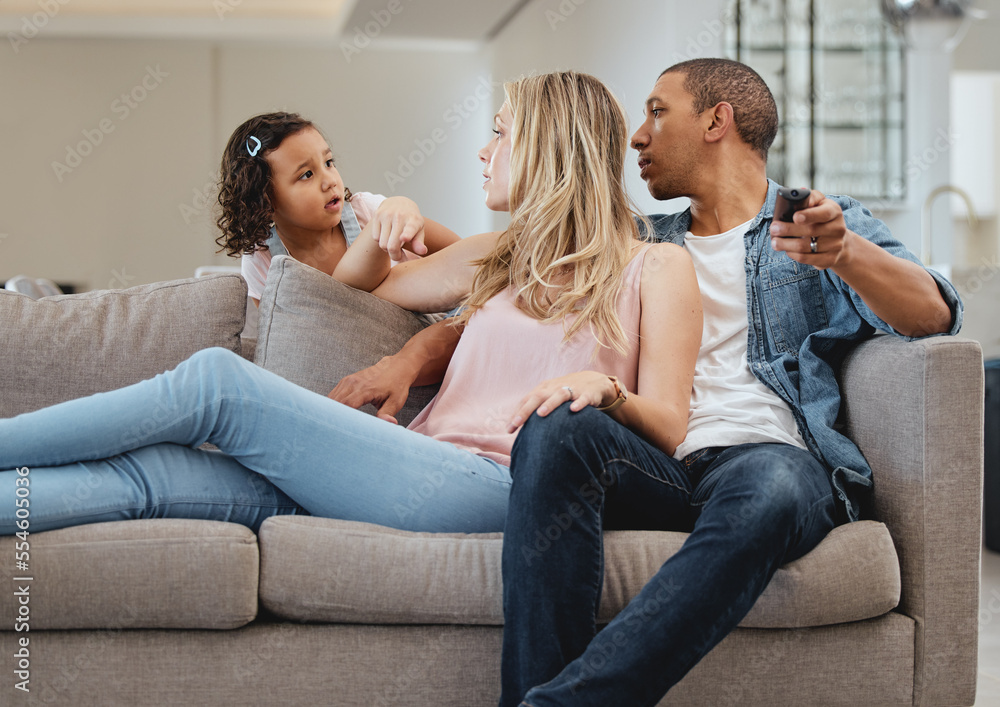 Family, children and watching tv with a mother, daughter and father in ...