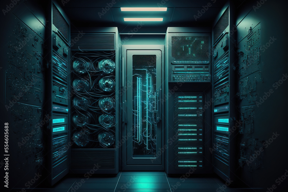 Shot of Corridor in Working Data Center Full of Rack Servers and Supercomputers with High ...