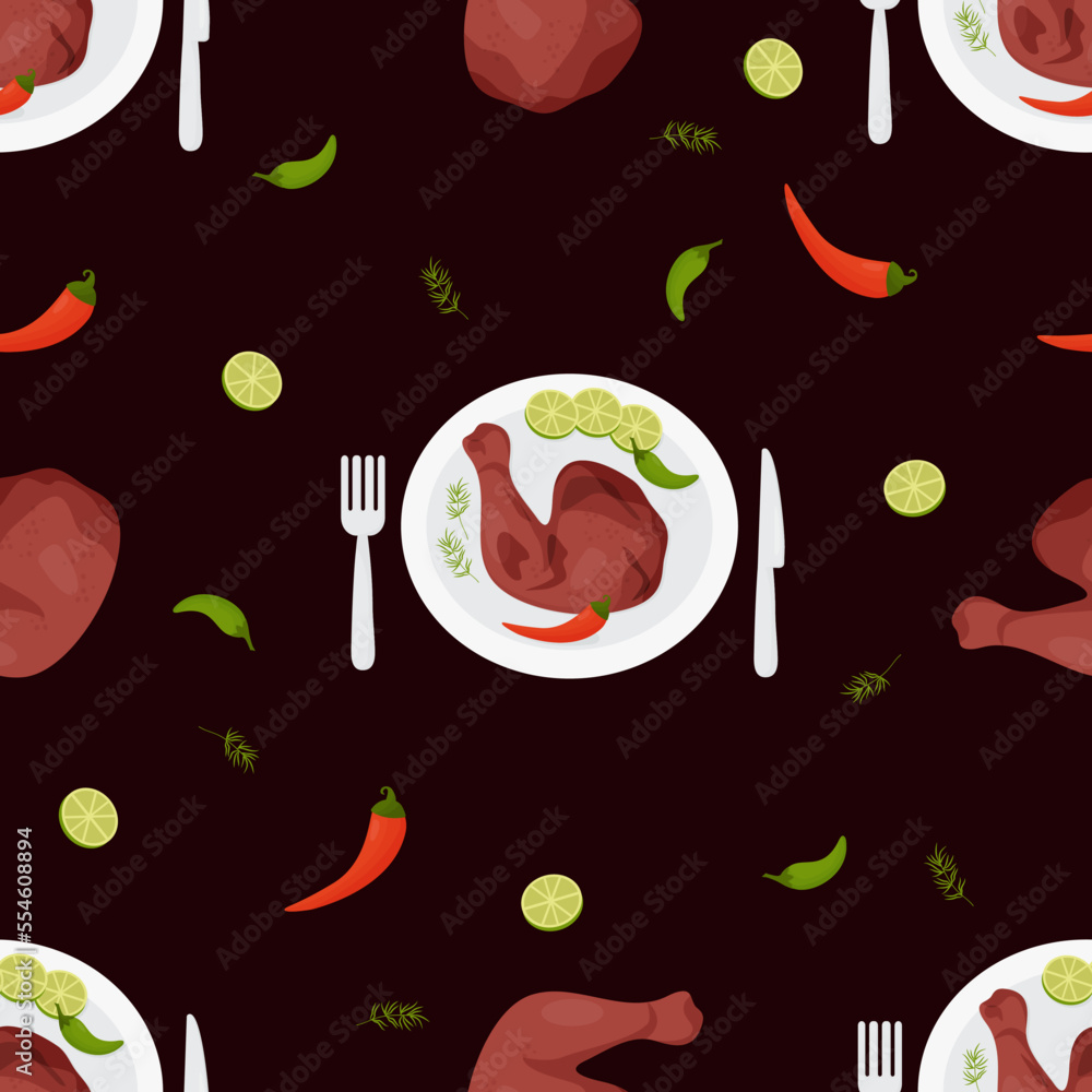 Seamless pattern with grilled chicken leg. Mexican food barbecue ...