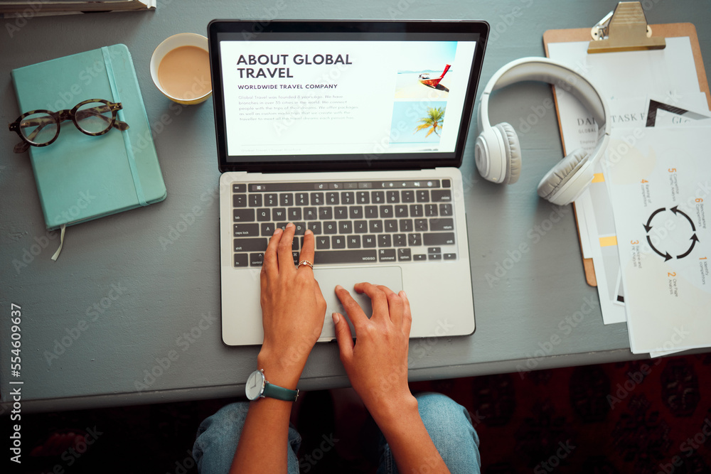 Travel blog, blogger hands and laptop, website and social network with ...