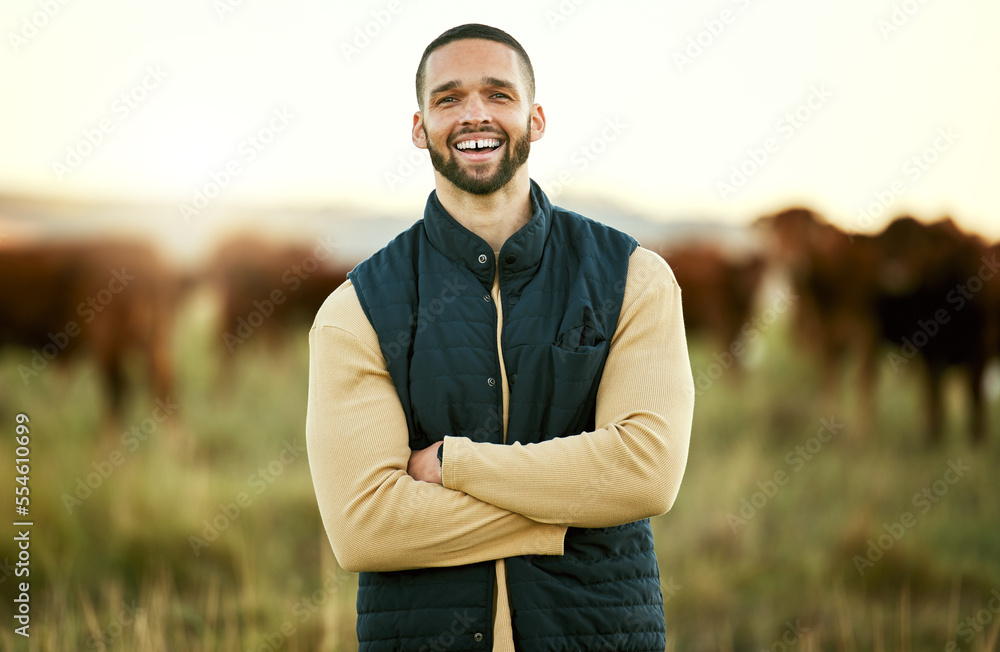 Smile, cow and agriculture with man on farm for sustainability ...