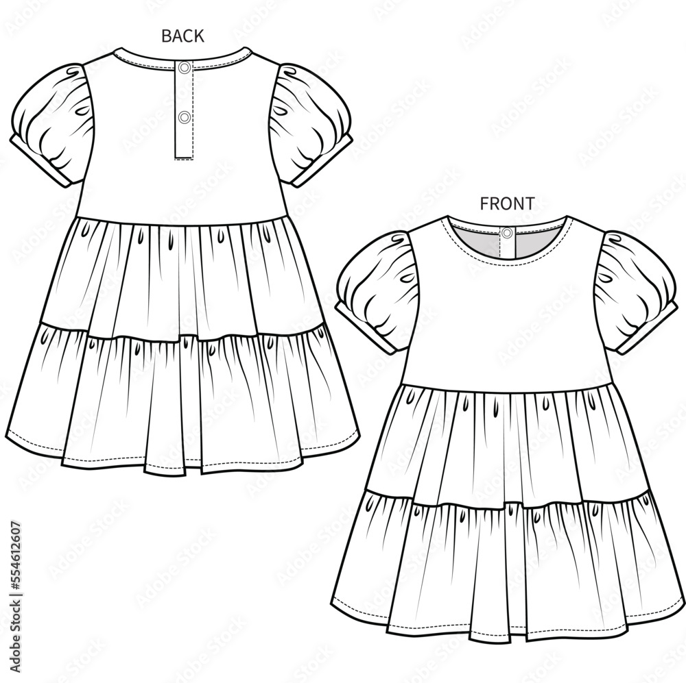 PUFF SLEEVES DETAIL FASHION DRESS FRONT AND BACK FLAT IN EDITABLE ...