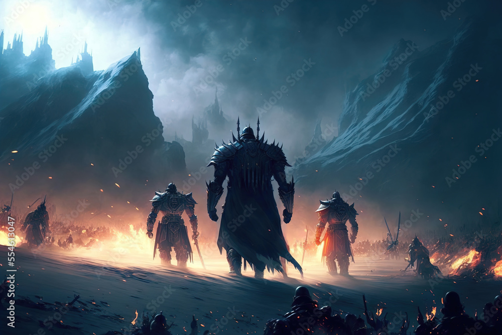 Battle of knights in armor on the battlefield, the struggle of good ...