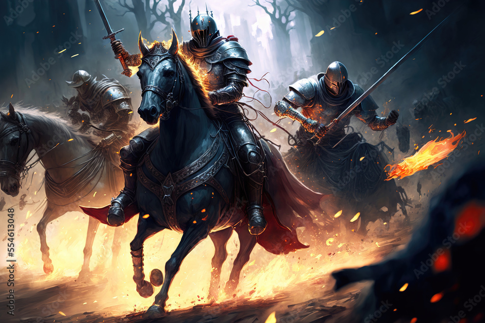 Battle of knights in armor on the battlefield, the struggle of good ...