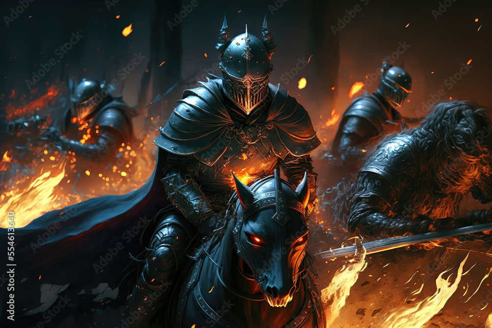 Battle of knights in armor on the battlefield, the struggle of good ...