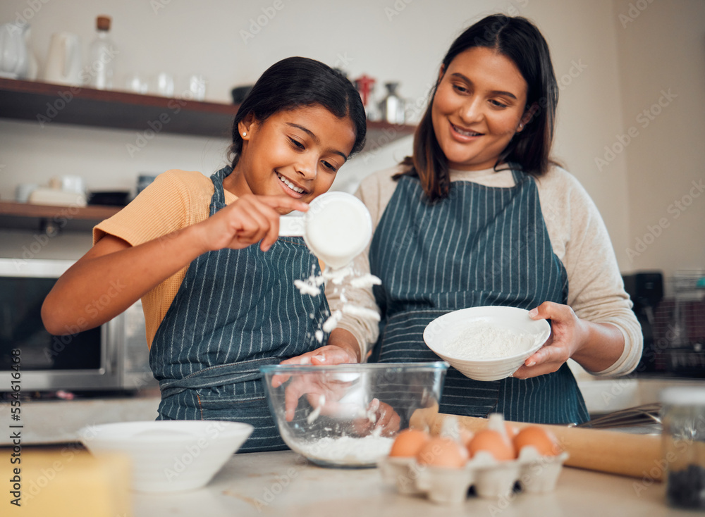 Baking, family and children with a mother and daughter learning about ...