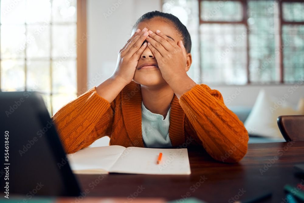Stress, anxiety and home school, student and girl frustrated with ...