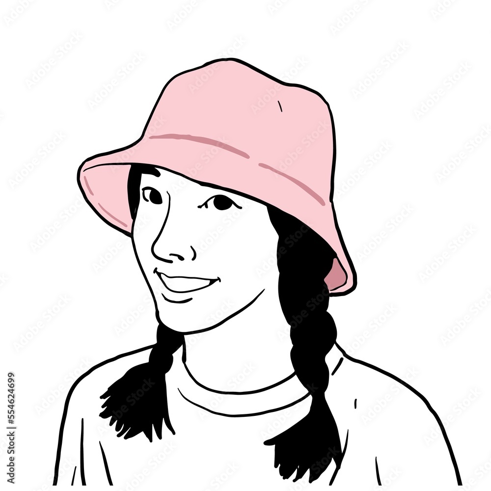 cartoon teenage girl wearing pink bucket hat. Stock Illustration ...