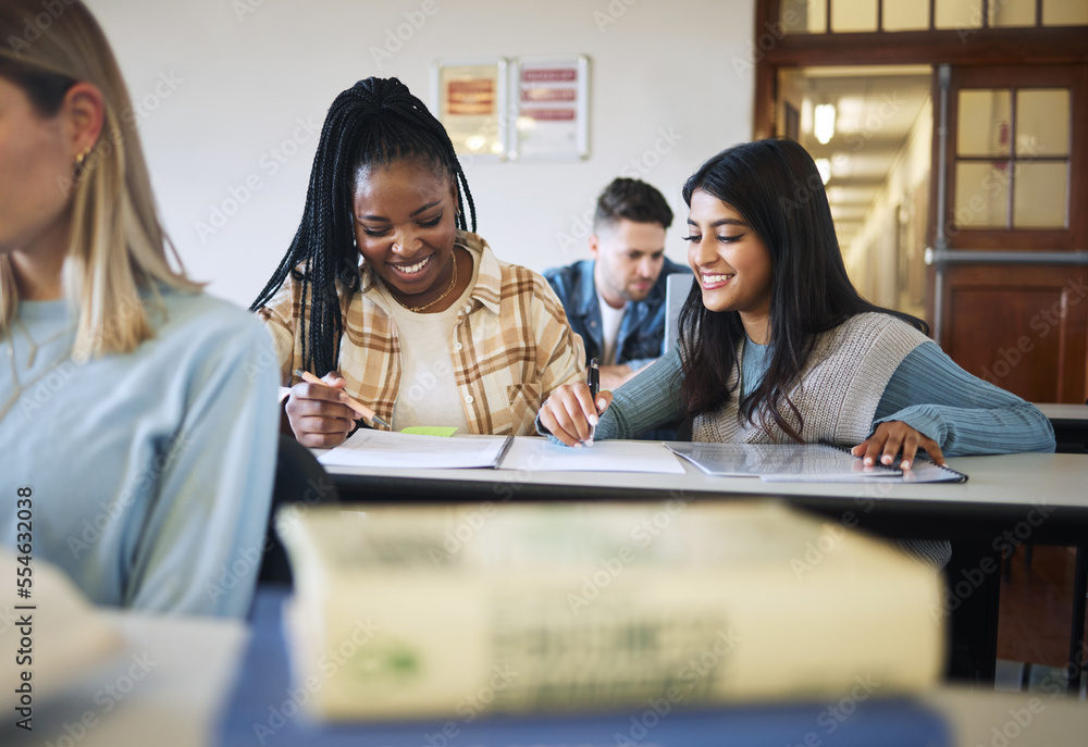 Students, women and studying in classroom, happy and conversation to ...