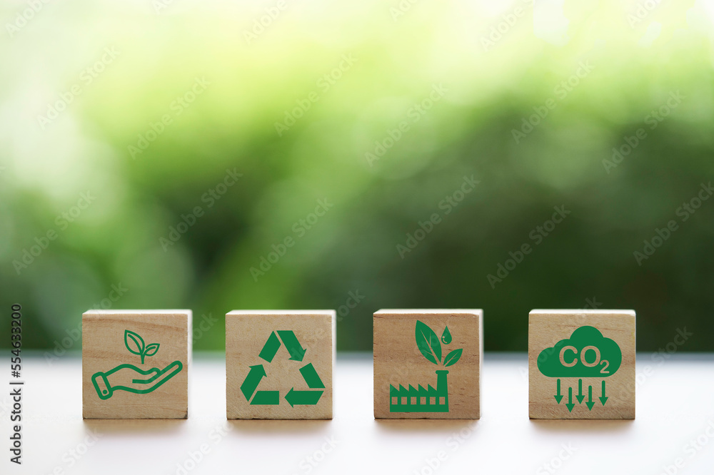 CO2 reducing ,Recycle ,Green factory icon on greenery background for ...