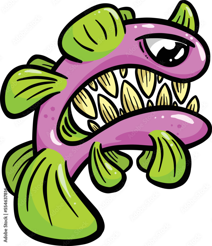 Weird Fish Deep Sea Creature with Big Teeth Cartoon Character in Vector ...