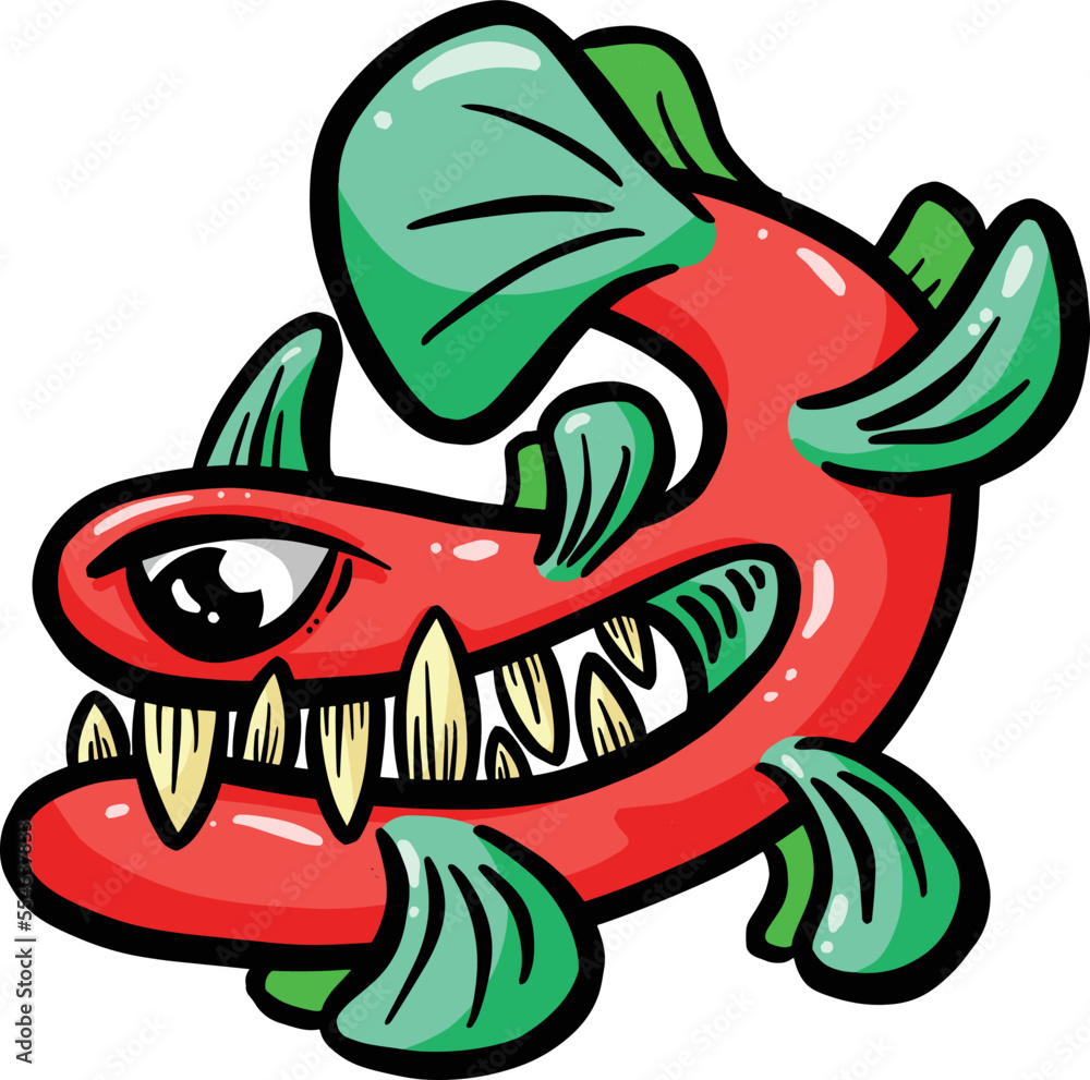 Weird Fish Deep Sea Creature with Big Teeth Cartoon Character in Vector ...