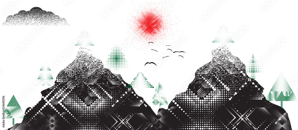 Mountain silhouettes with sun and trees, textured with halftone dots ...