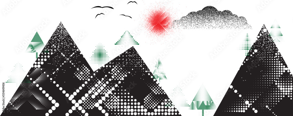 Mountain silhouettes with sun and trees, textured with halftone dots ...