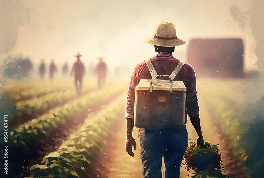 Male field worker at strawberry farm wearing straw hat and carrying box ...