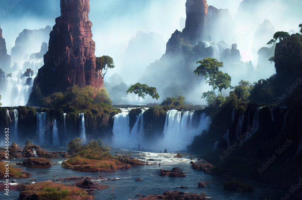 Fantasy scene, wild waterfalls in the jungle. game design inspiration ...