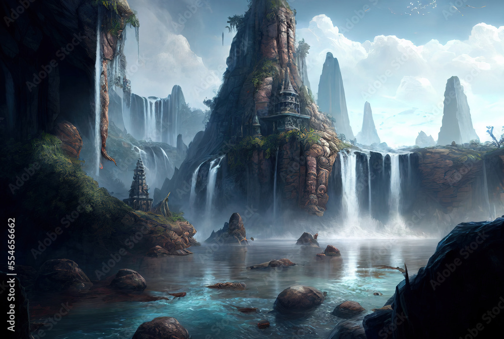 Fantasy scene, wild waterfalls in the jungle. game design inspiration ...