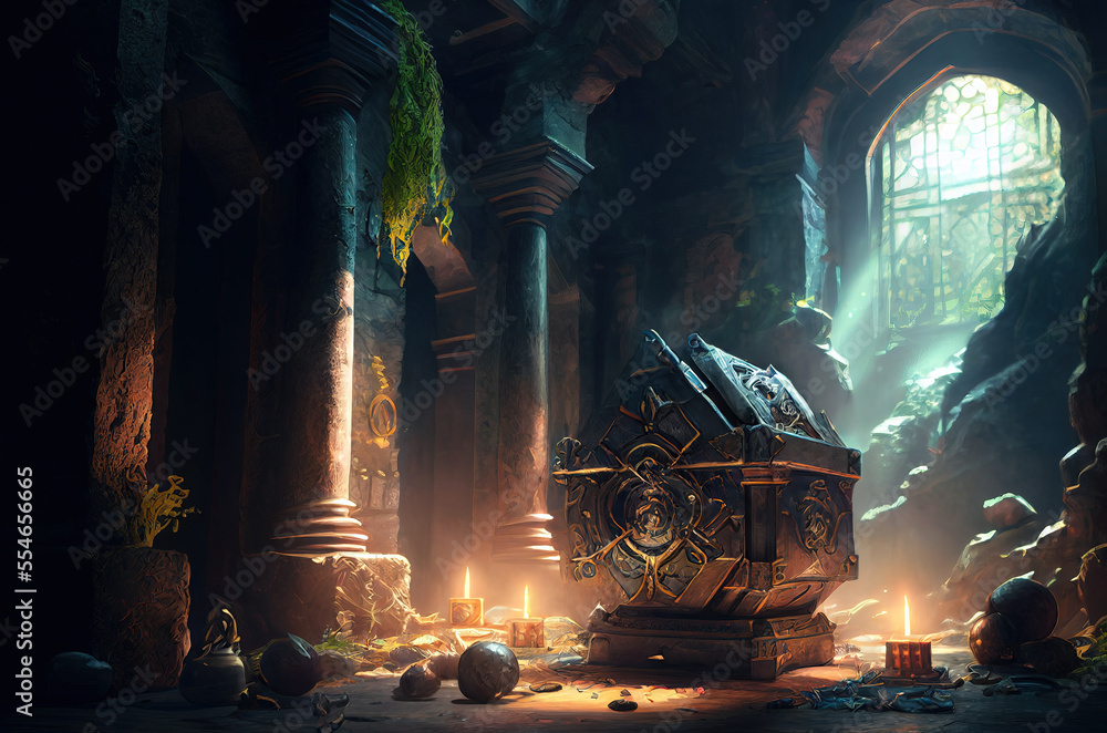 fantasy scene, the treasure at the end of a dungeon. game design ...