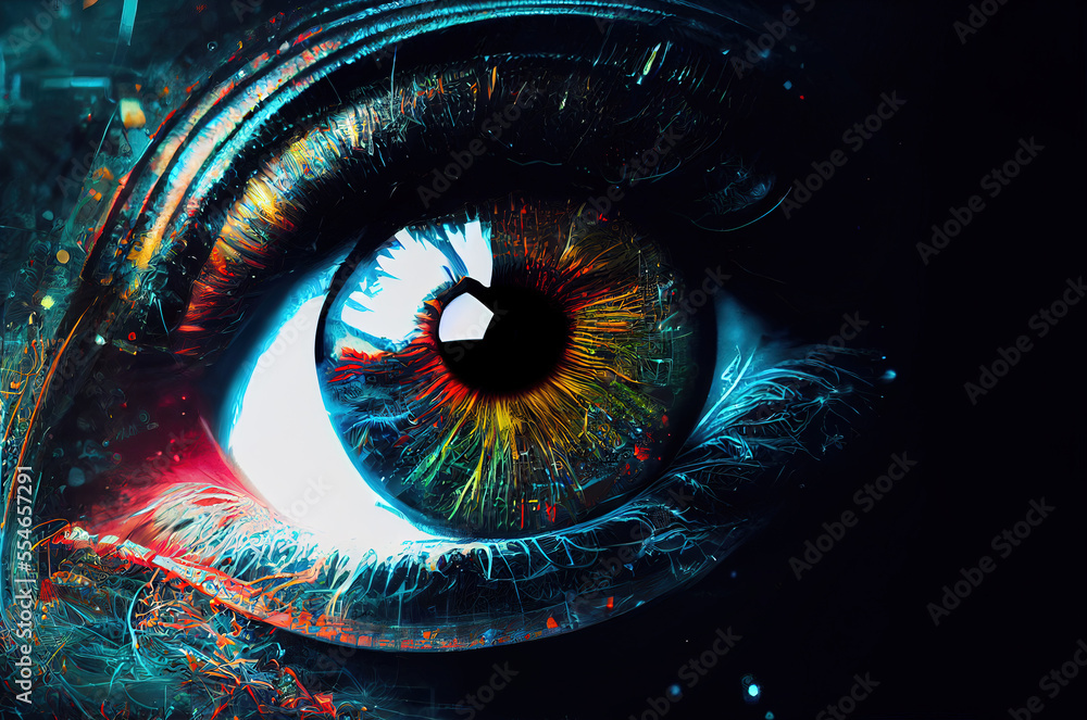 Stylized digital eye, a splash of paint, colorful paints smudges ...