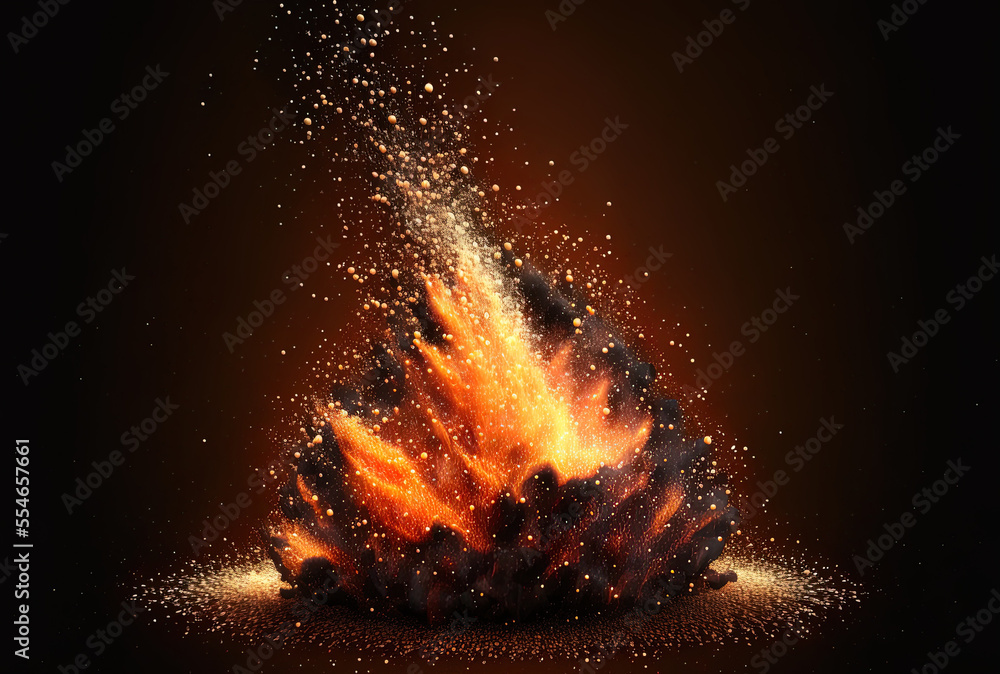 Particles of fire over a dark background. Background of fire sparks ...