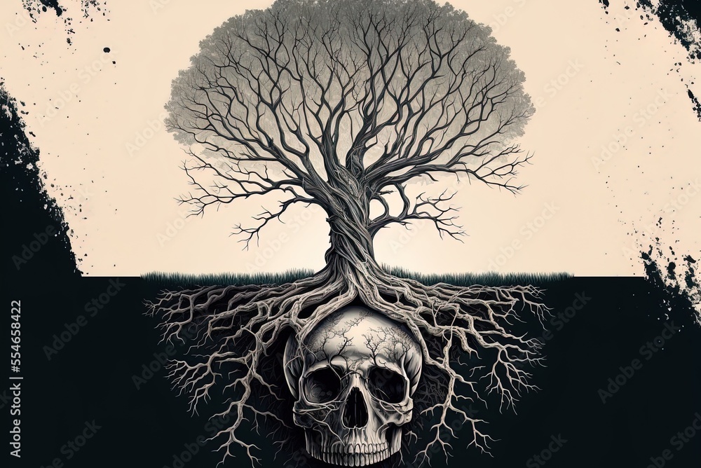 Amazing hand drawn sketch of a tree's roots and branches with a skull ...