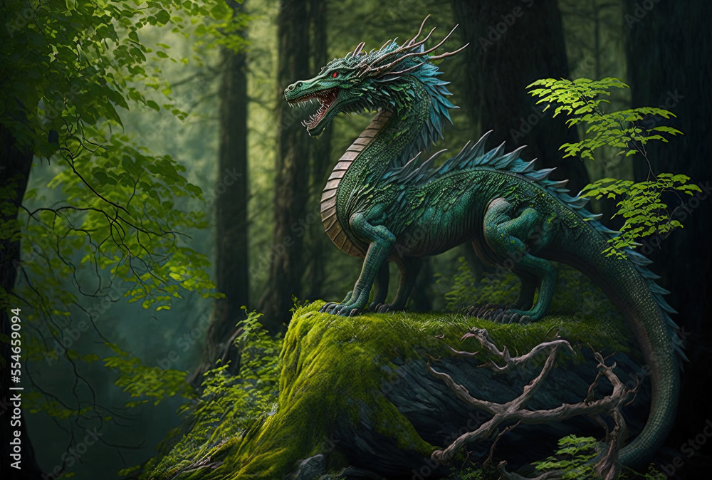 Dragon of Greatness in Mysterious Green Mountain Forest. Fanciful ...