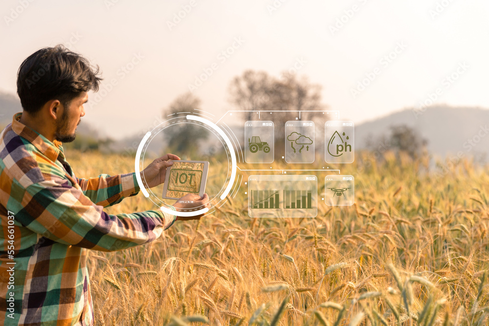 Smart farming concept. Farmer with technology digital tablet on ...