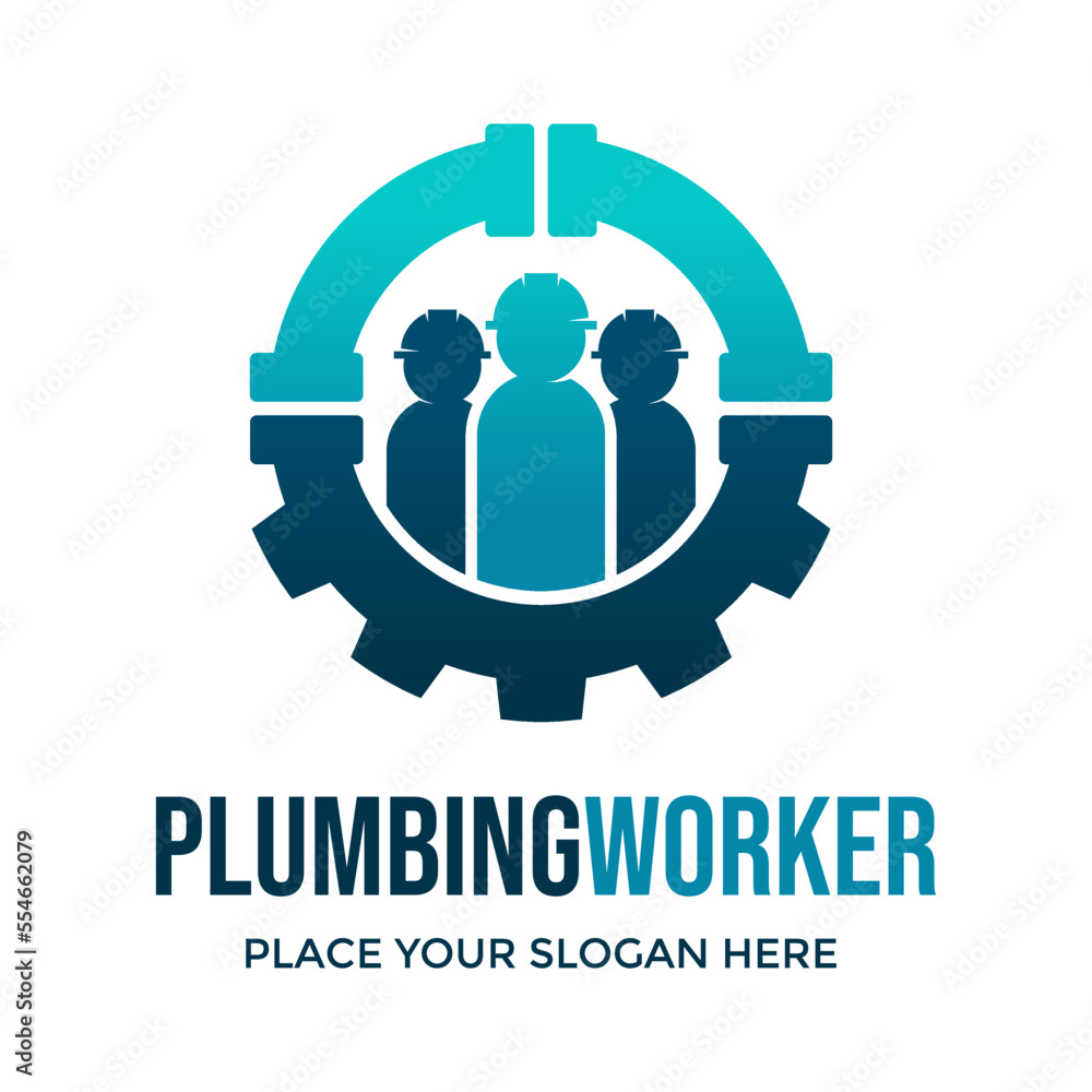Plumbing gear with worker vector logo template. This design use human ...