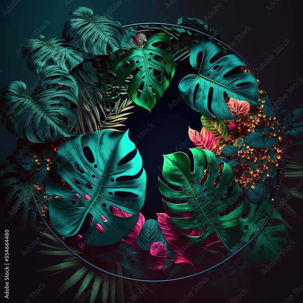 Dark green tropical monstera plant leaves with lighting background ...