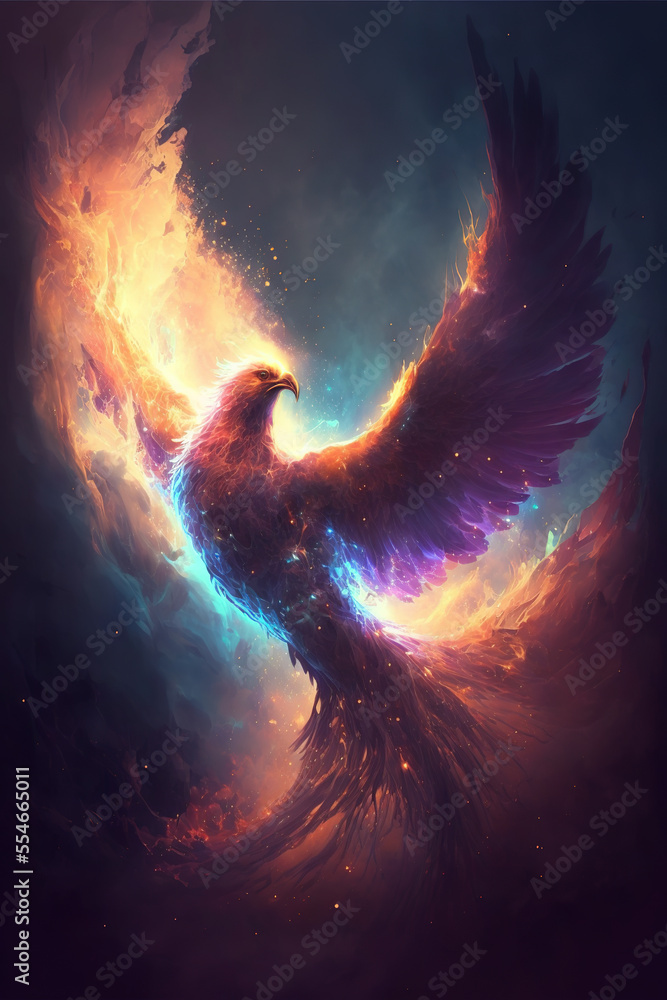 Flying Phoenix mythical creature burst into flames created with ...