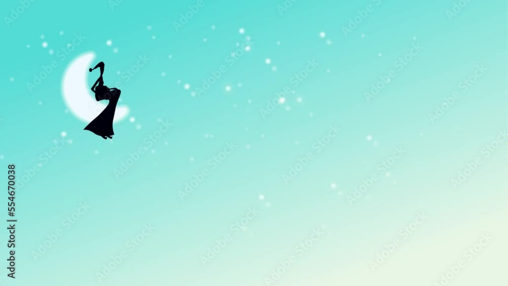 cartoon girl sitting on moon, snow particles 2d animation background ...