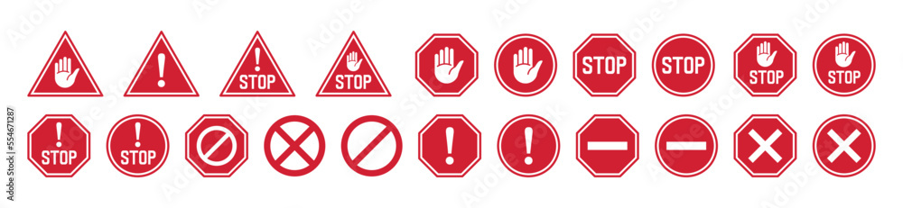 Stop red sign icon set. Stop signs with white hand, exclamation mark ...