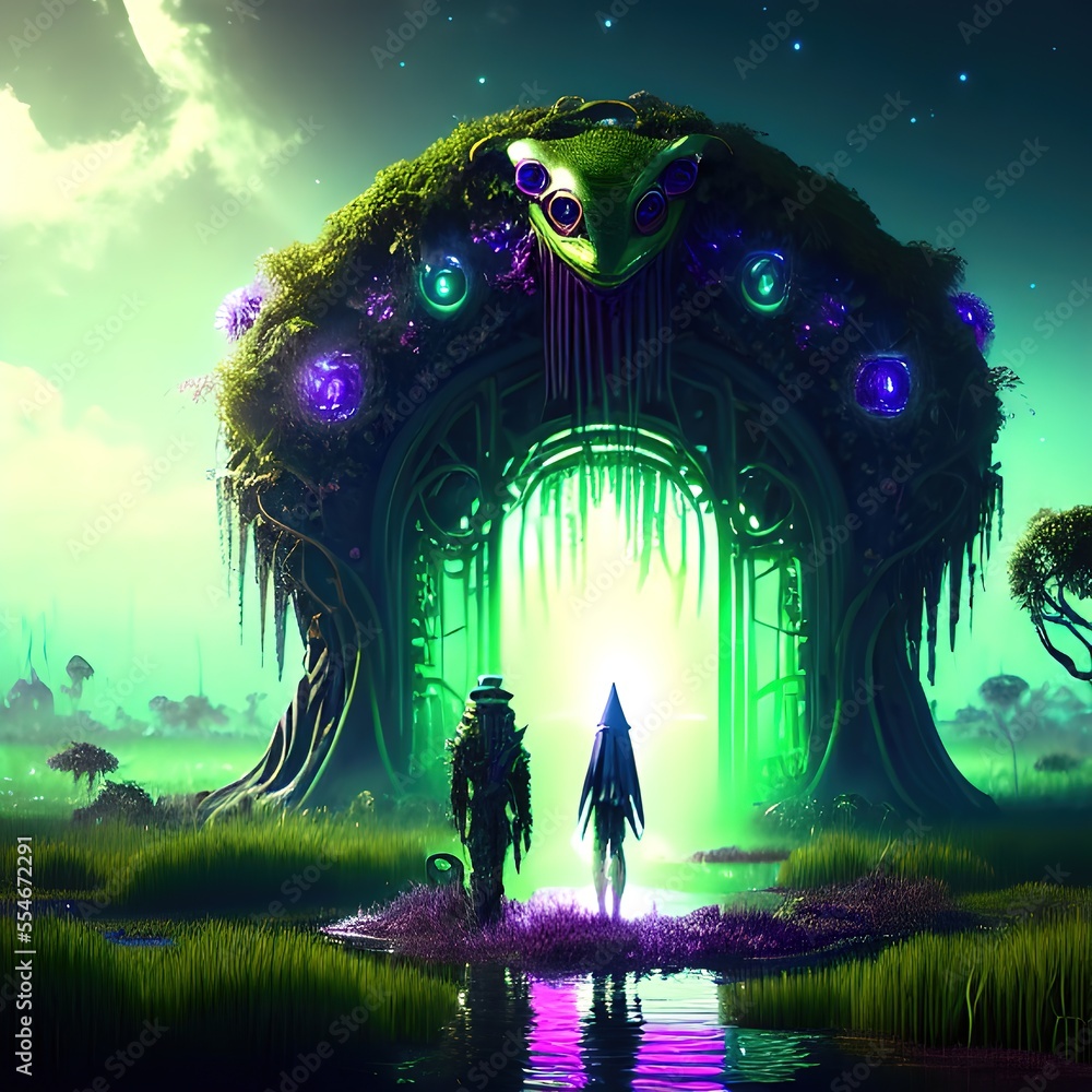 Alien beings in a swamp, at the entrance of an interdimensional portal ...