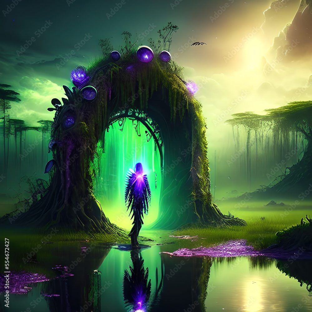 Alien beings in a swamp, at the entrance of an interdimensional portal ...