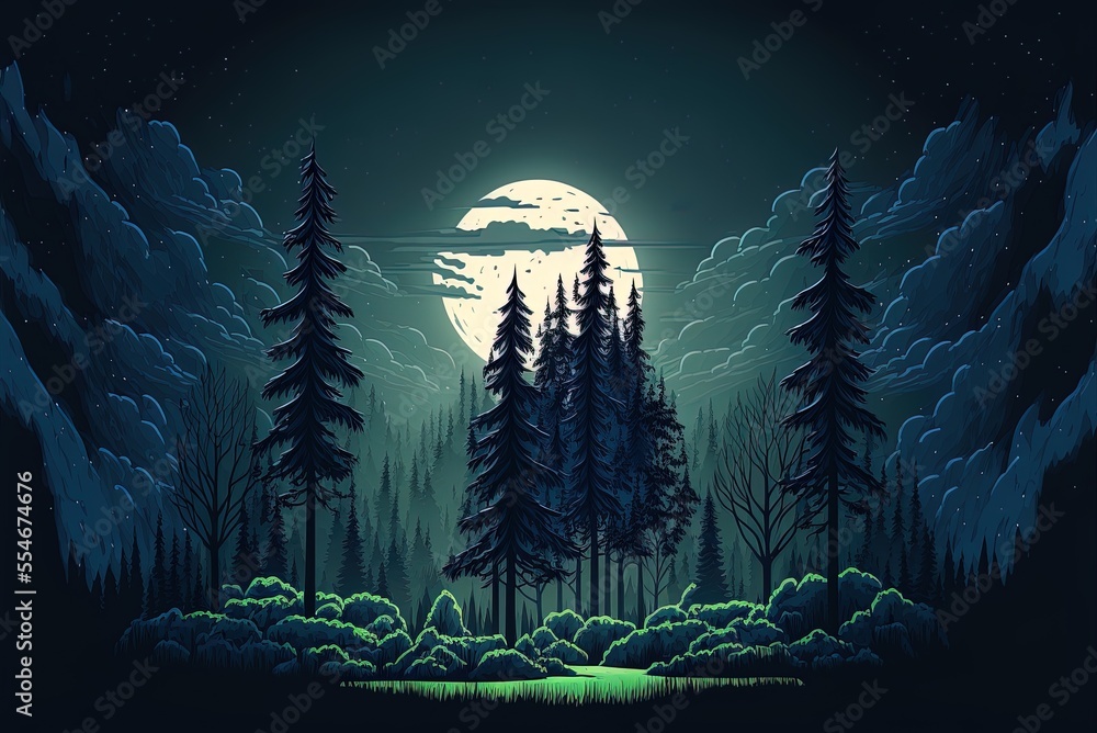 A cartoon scene at night, with a field, a dirt walk, and some fir trees ...