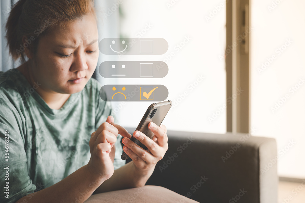 woman use smartphone give unhappy client with Sadness Emotion Face ...
