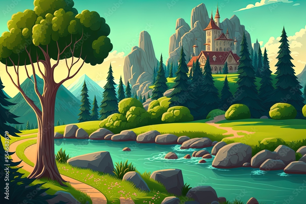 Cartoon summer scenery with rocks, green grass, trees, a stream, and a ...