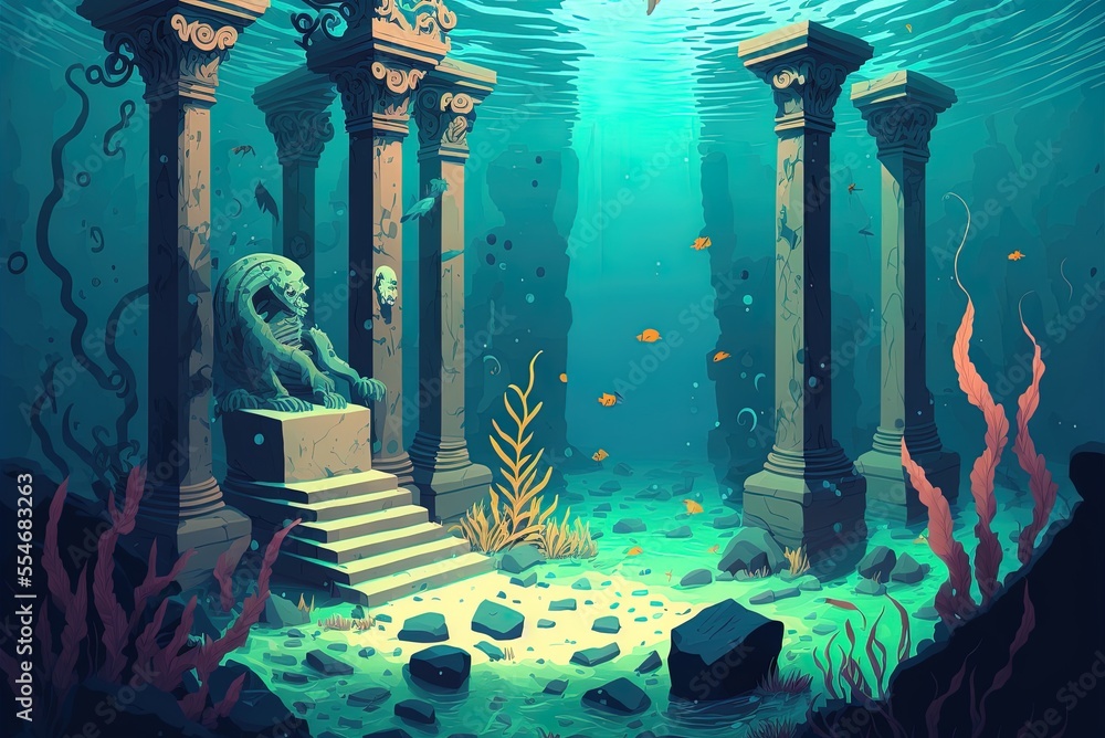 Cartoon underwater environment including submerged ancient ruins on the ...