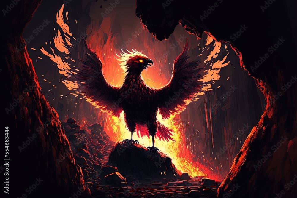 Cartoon phoenix or fenix fire bird in a scene of lava and sunlight on a ...