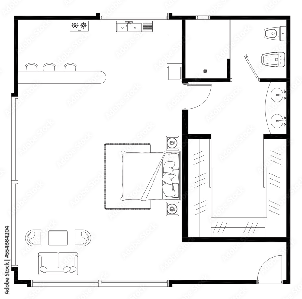 2D CAD studio type house layout plan drawing with 1 bedrooms and 1 bathrooms, furniture and ...