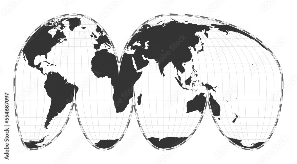 Vector world map. Goode's interrupted Mollweide projection. Plain world ...