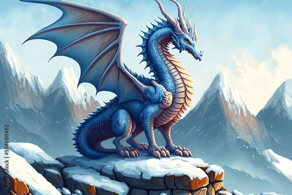 An icy dragon rests on a rock amid the snowy mountains. fantastical ...