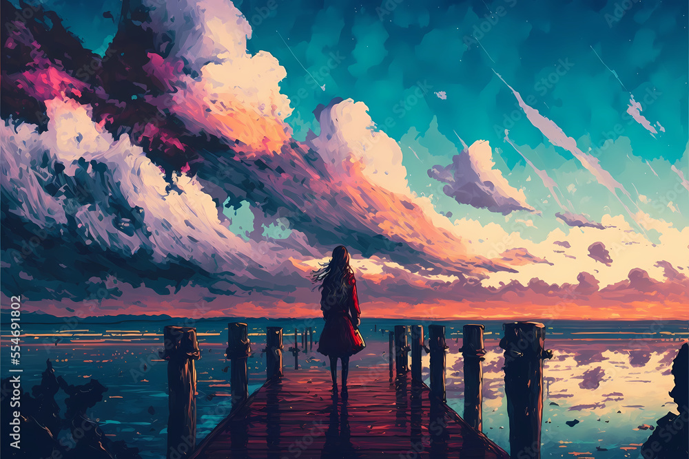 woman girl standing on a wooden pier at the beach ocean sea looking at ...