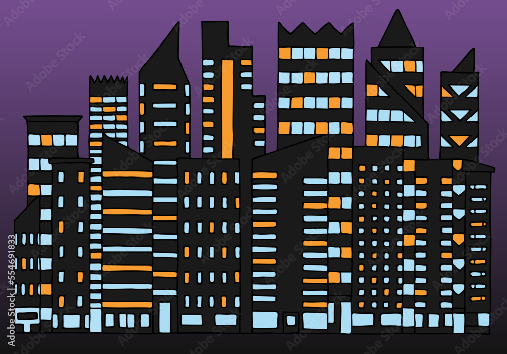 Downtown of the night city with skyscrapers and colorful lights in the ...