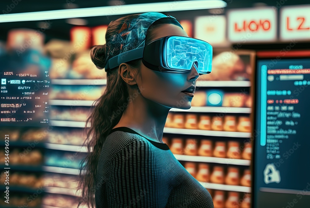 illustration of a woman shopping at supermarket wearing VR headset ...