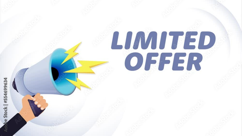 Hand hold megaphone. Limited offer, realistic 3d megaphone, loudspeaker ...